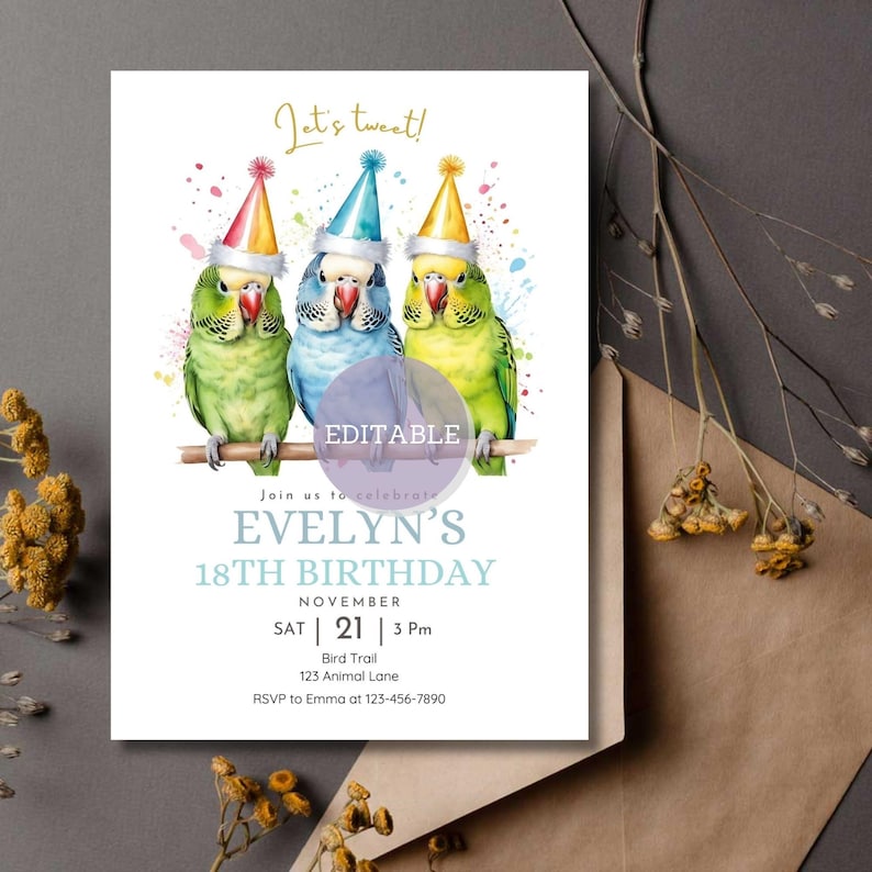Parakeets Birthday Invitation Template | Printable Parrot Invitation ...