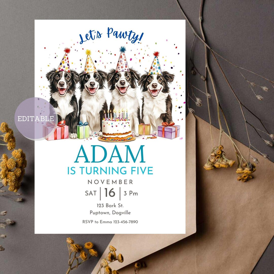 Border Collie Birthday Invitation Template: Dog Pawty Invite (digital ...