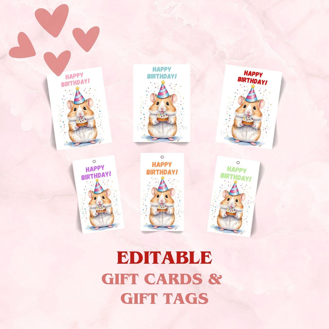 Hamster Birthday Gift Card Cute Hamster Gift Tag Hamster Theme Birthday Party Editable Favor Tag ...
