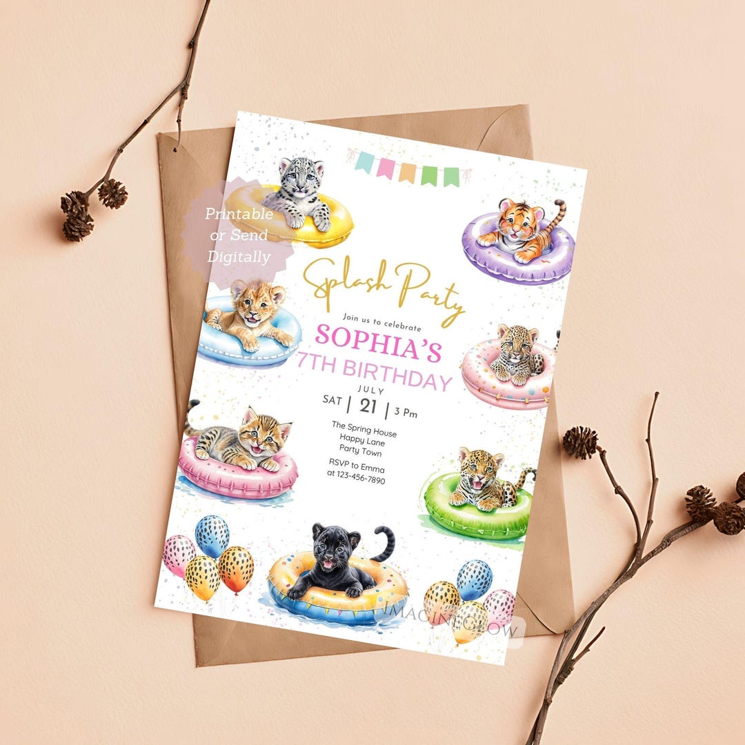 Wildcats Pool Party Birthday Invitation: Leopard, Cheetah, Tiger ...