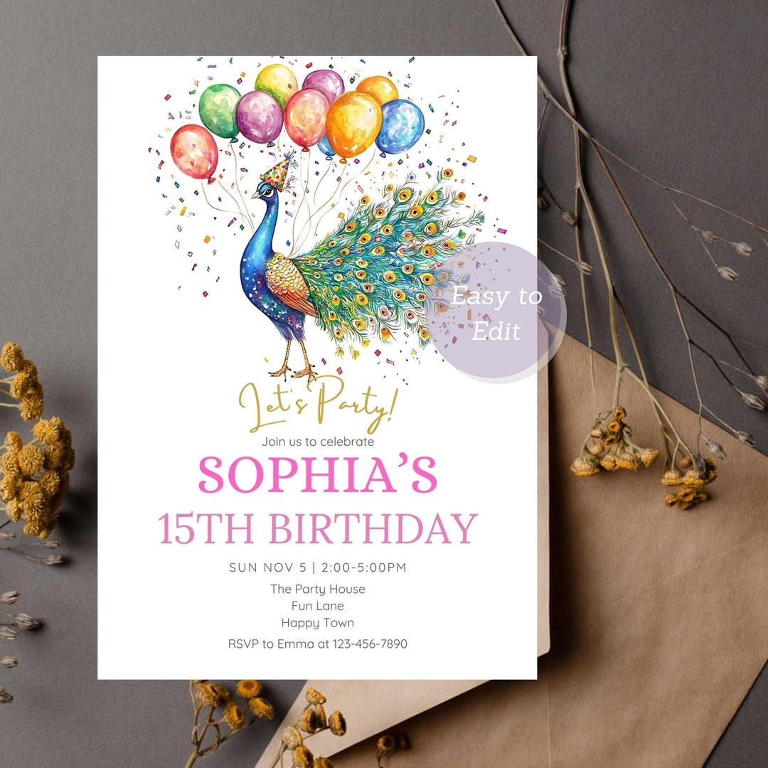 Elegant Peacock Birthday Invitation: Customizable Bird Party (digital ...