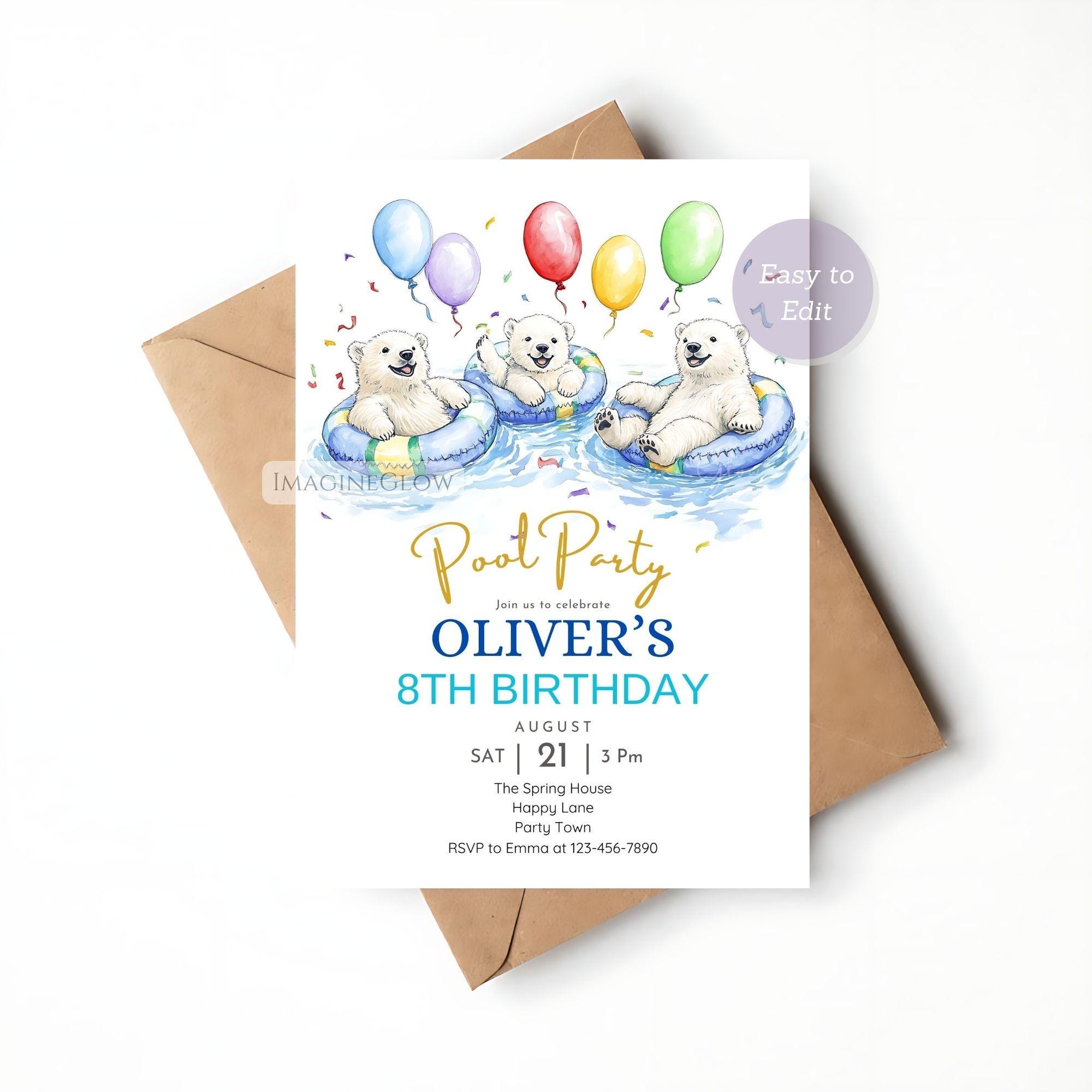 Polar Bear Pool Party Birthday Invitation: Summer Swim (digital ...