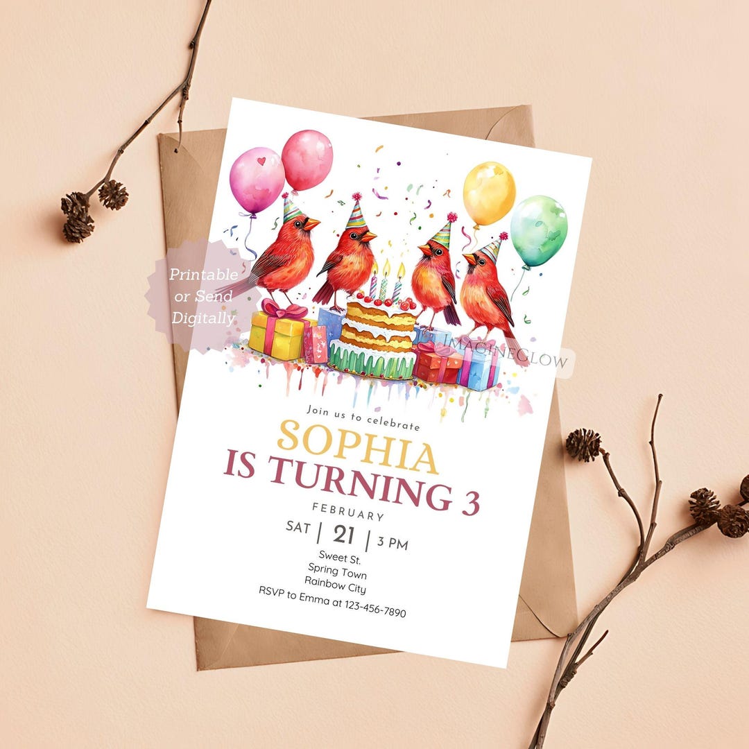 Cardinal Birthday Invitation: Red Bird Party, Editable Template ...