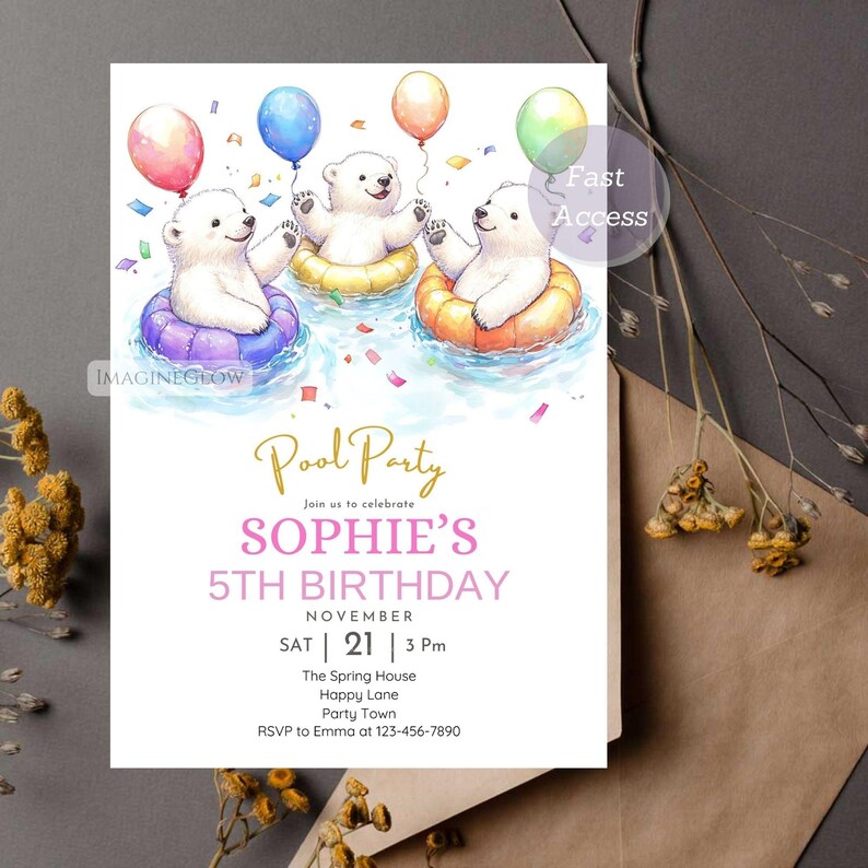 Polar Bear Pool Party Birthday Invitation: Summer Swim (digital ...