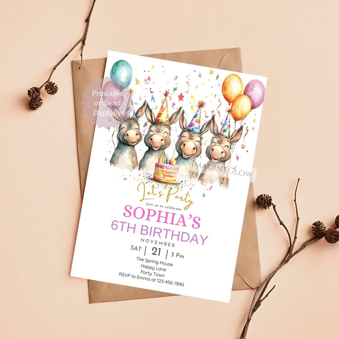 Donkey Birthday Invitation: Farm Animal Party, Editable Template ...
