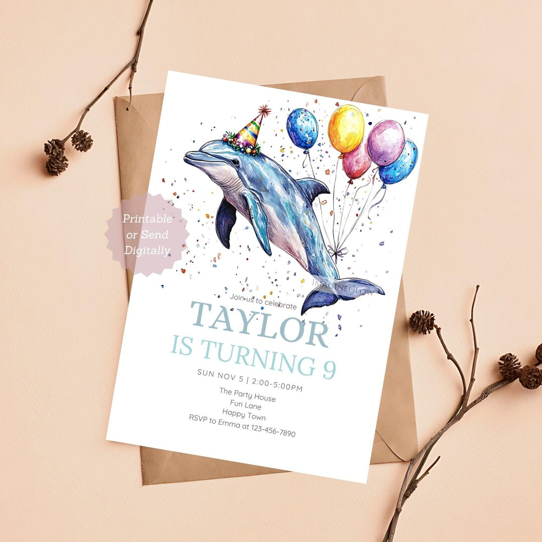 Dolphin Birthday Invitation Ocean Theme Party Invitation With Balloons ...