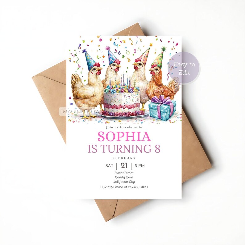 Chicken Birthday Invitation: Farm Animal Party, Kids Invite (digital ...