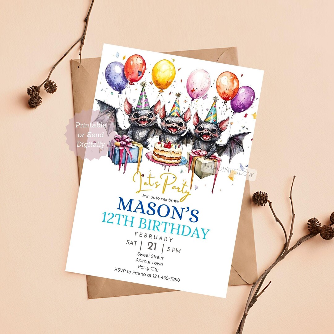 Bat Birthday Invitation Spooky Party Invite Animal Party Invite ...