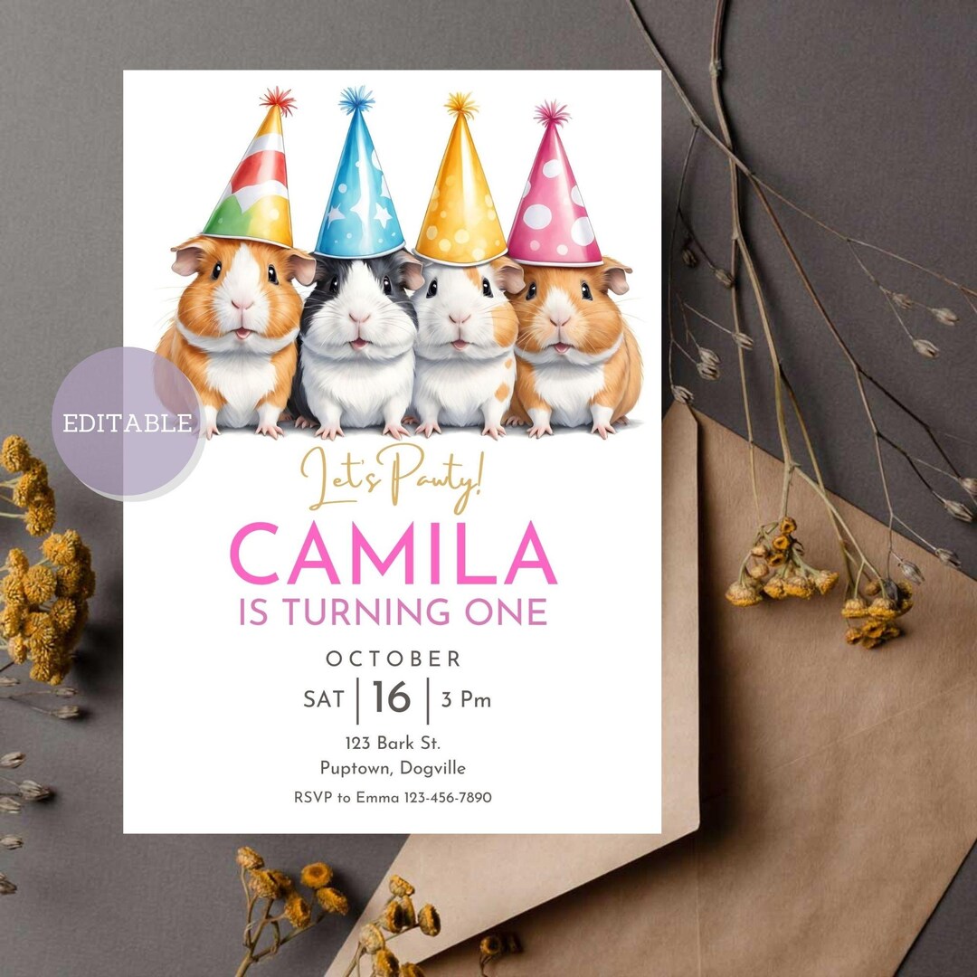 Editable Guinea Pig Birthday Invitation Template - Printable Invites ...
