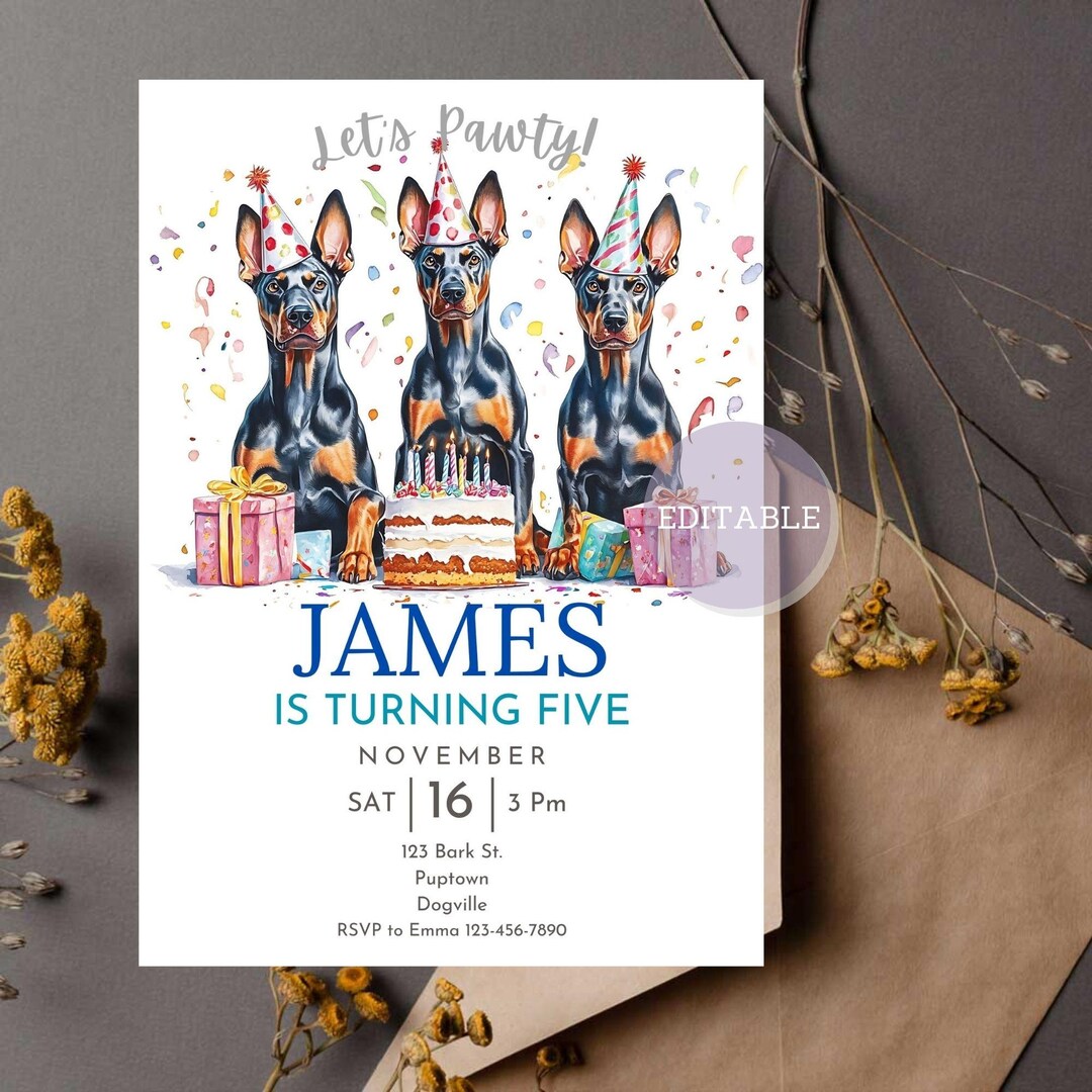 Doberman Dog Birthday Invitation Editable Party Card Printable Dog ...