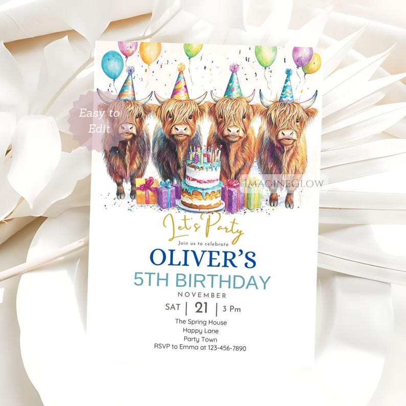 Highland Cow Birthday Invitation Farm Party Invite Animal Celebration ...