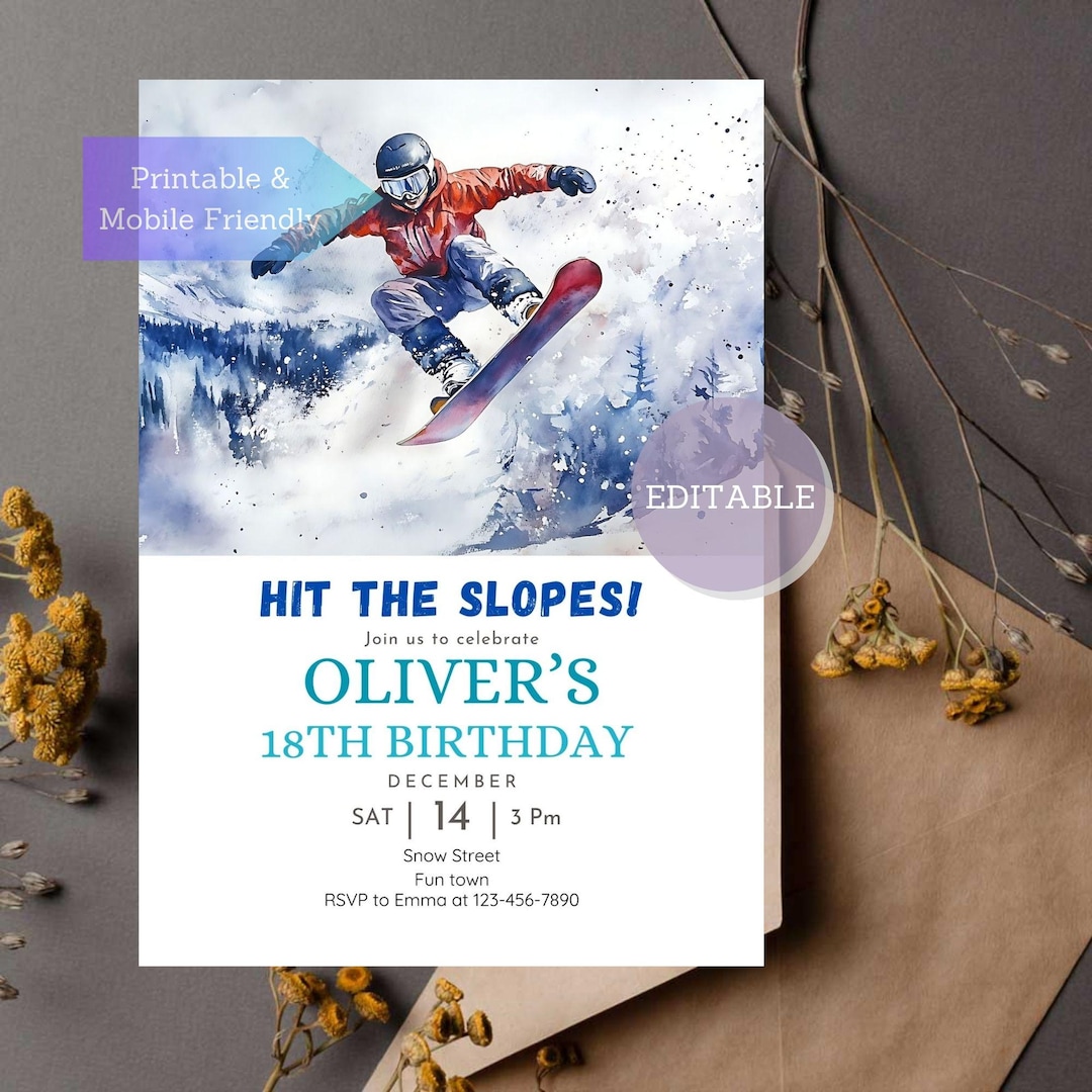 Snowboard Birthday Invitation Template: Editable Winter Party Invite ...