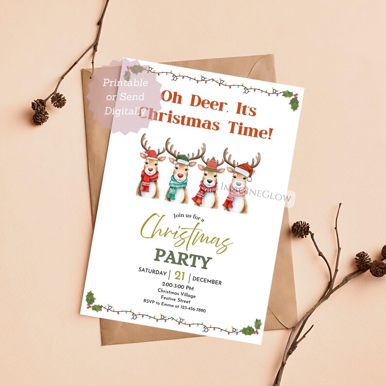 Rudolph Christmas Party Invitation - Reindeer Holiday Invite Printable ...