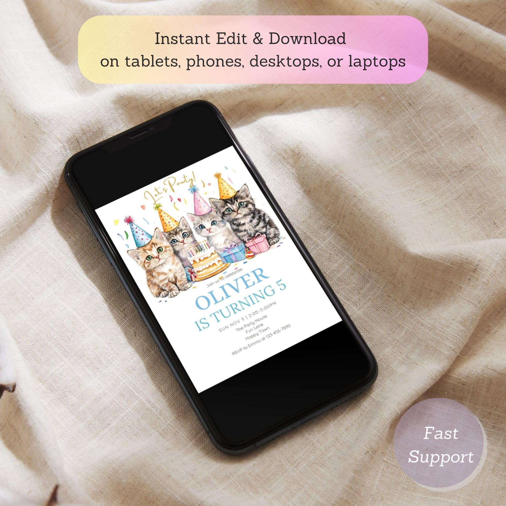 Kitty Cat Birthday Party Invitation: Editable Cats Theme (digital ...
