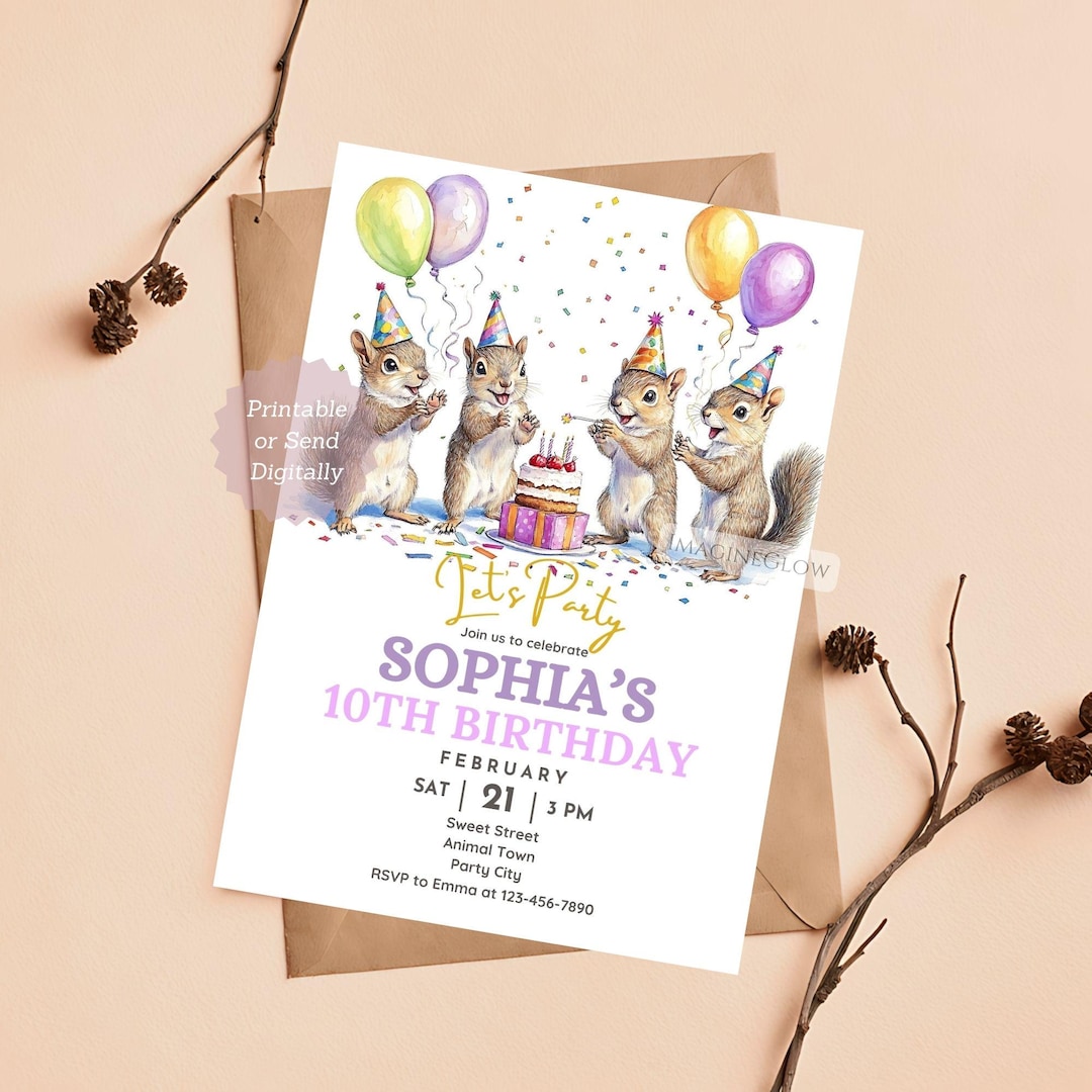 Squirrel Birthday Invitation: Woodland Party Template (digital Download ...