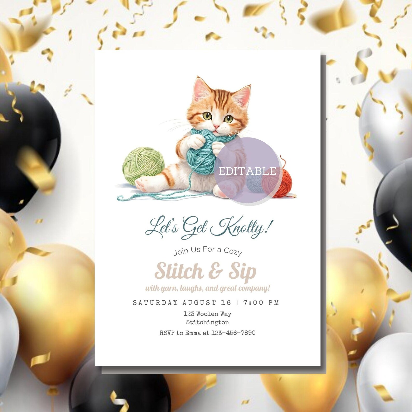 Editable Knitting Party Invitation: Kitten & Yarn (digital Download) - Etsy