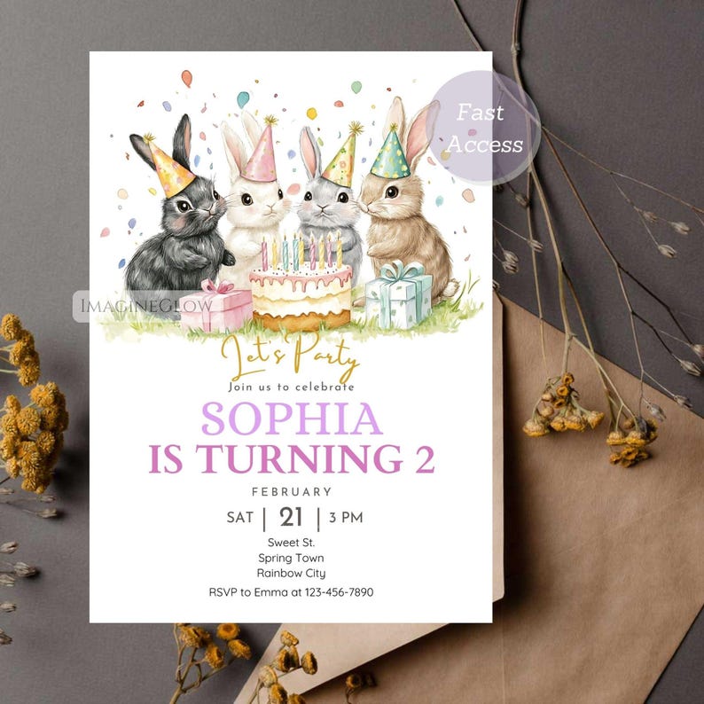 Bunny Birthday Invitation Cute Rabbit Party Invite Spring Easter Theme ...