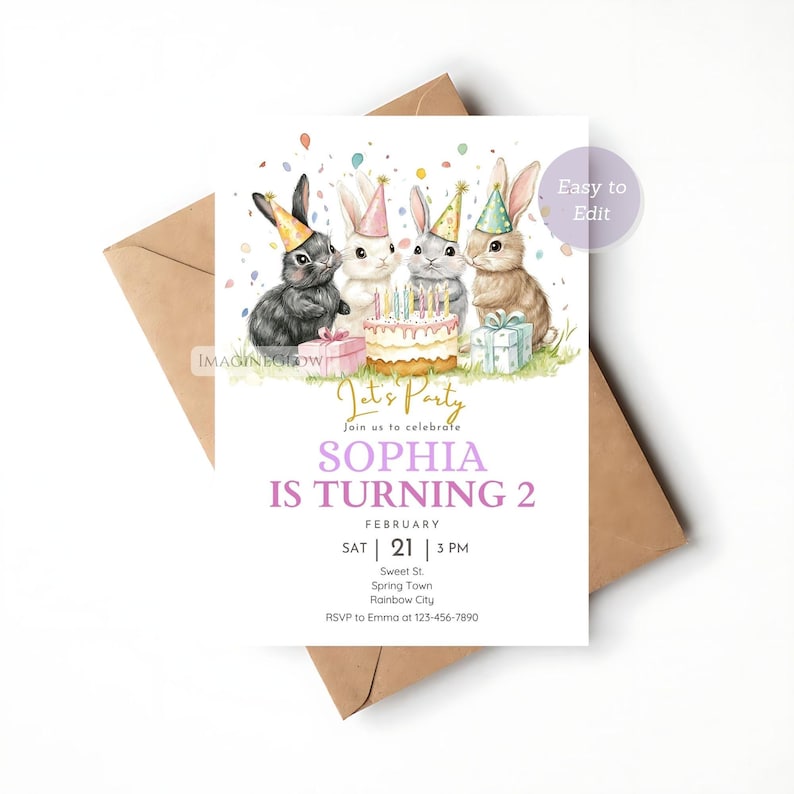 Bunny Birthday Invitation Cute Rabbit Party Invite Spring Easter Theme ...