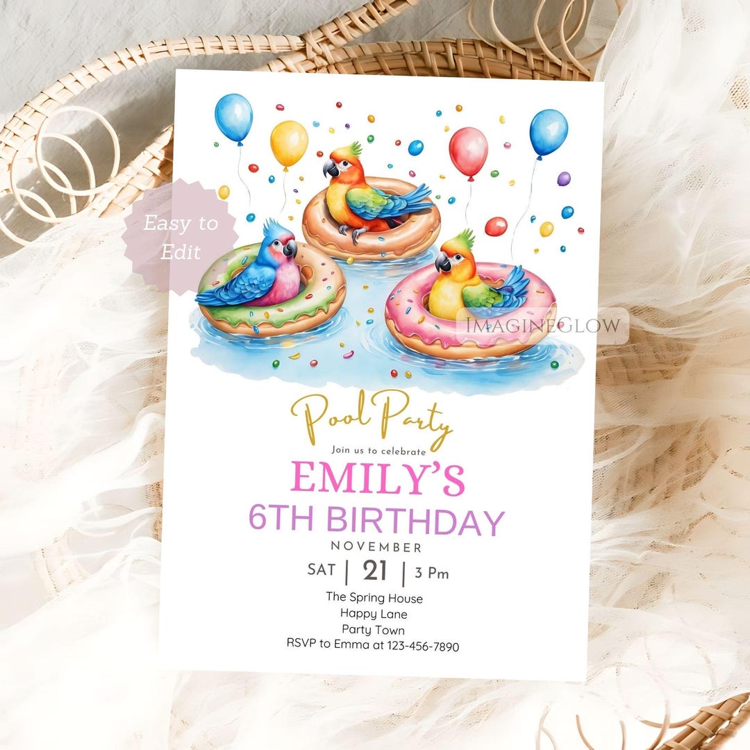 Parrot Pool Party Birthday Invitation Tropical Bird Beach Party Invite ...