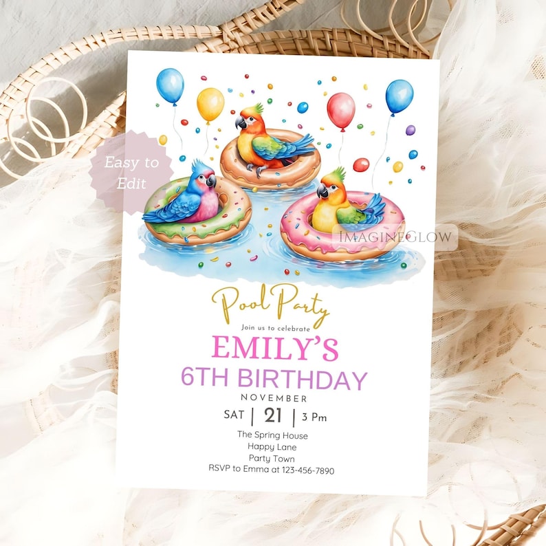 Parrot Pool Party Birthday Invitation: Tropical Summer Theme (editable ...
