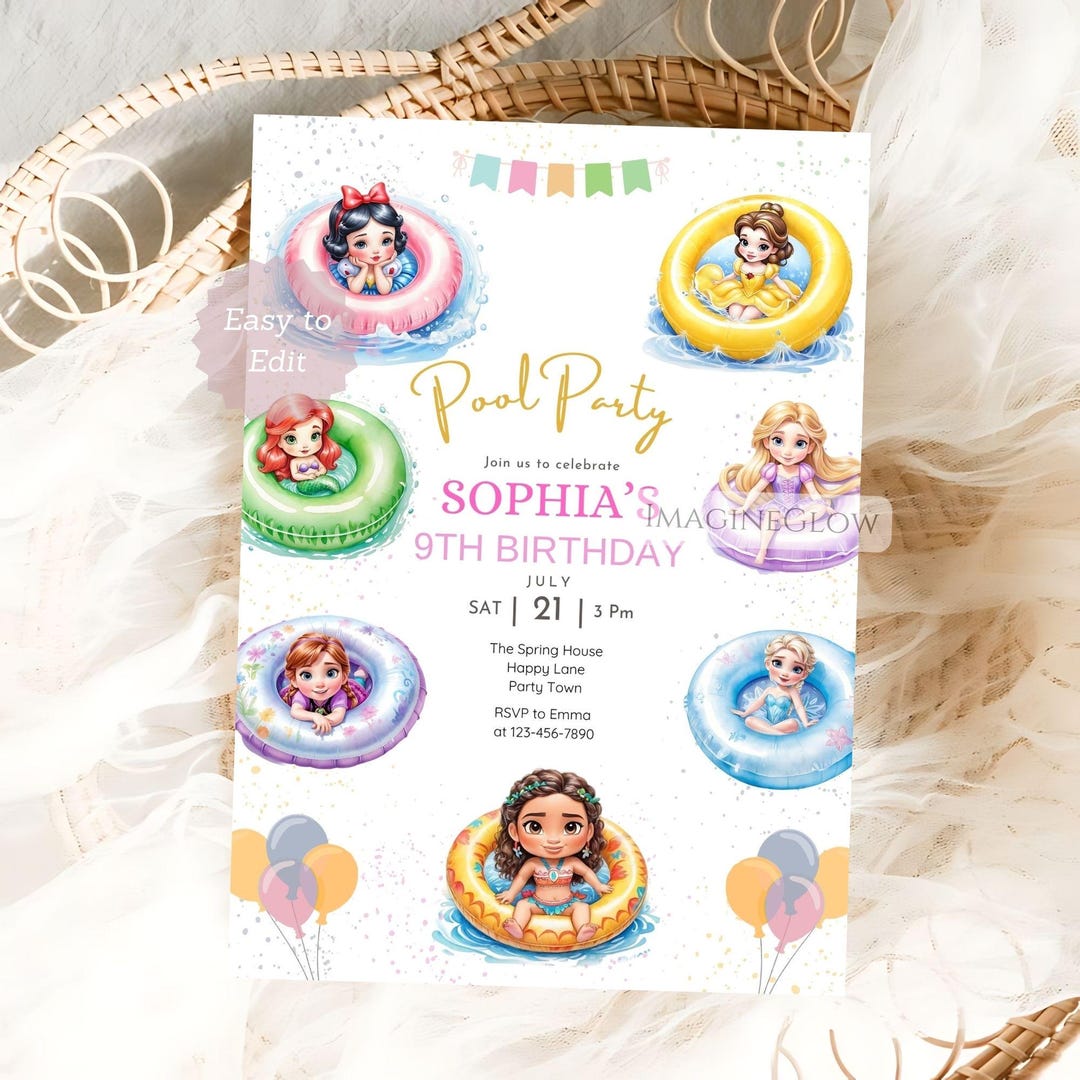 Princess Pool Party Invitation: Elsa & Anna Birthday, Summer Swim ...