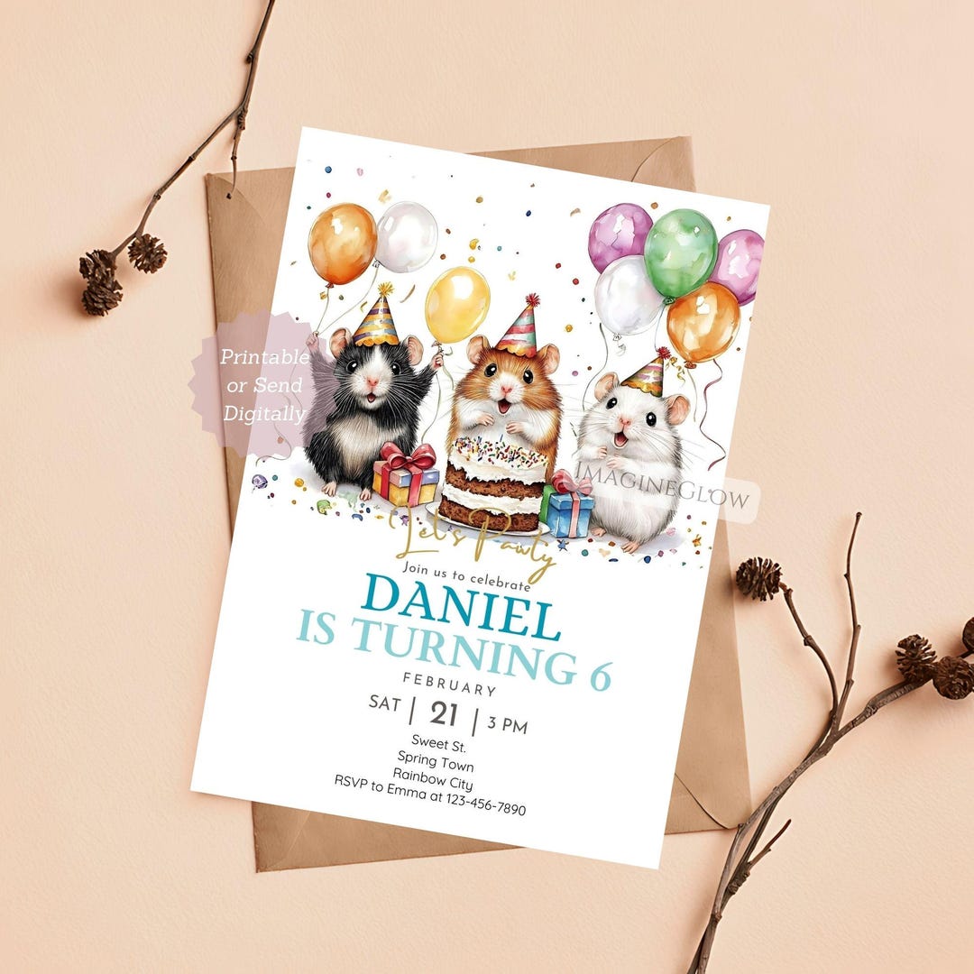 Hamster Birthday Invitation Three Hamsters Party Invite Cute Pet ...