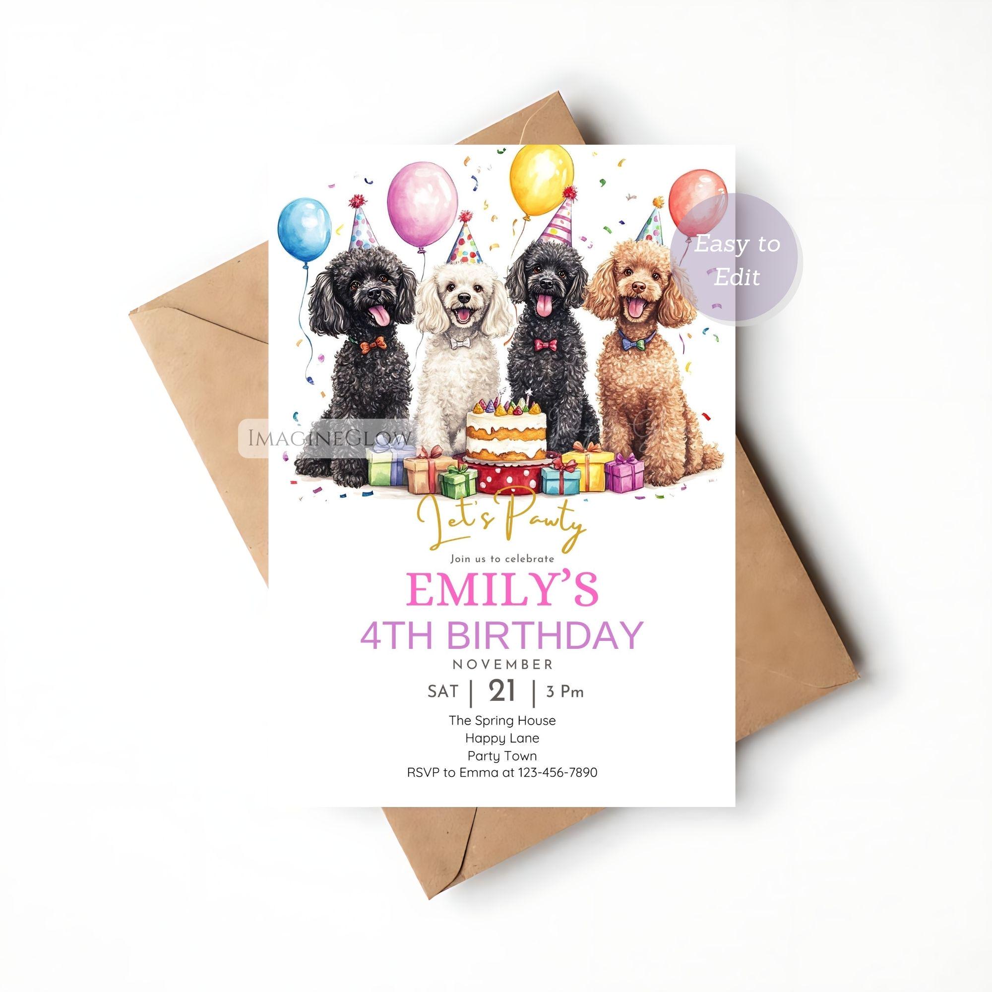 Poodle Dog Birthday Invitation Cute Puppy Party Invite Dog Lover Kid ...