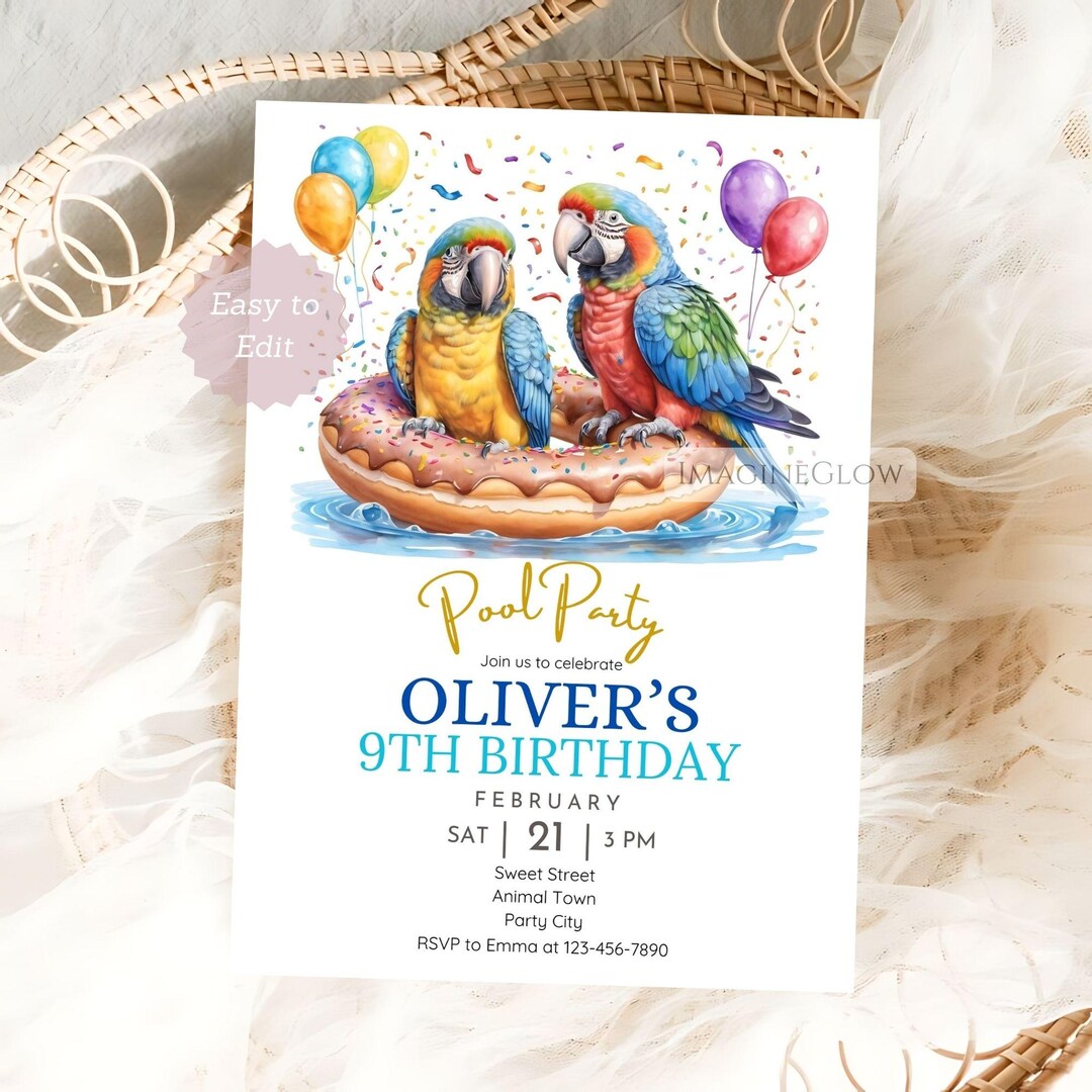 Parrot Pool Party Birthday Invitation Summer Tropical Bird Beach Party ...