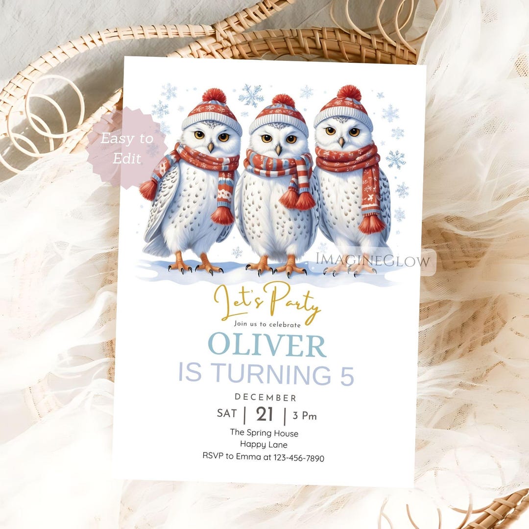 Snowy Owls Birthday Invitation Template: Winter Party Invite (digital ...