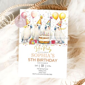 Cockatoo Birthday Invitation Cute Parrot Birthday Invite Tropical Bird ...