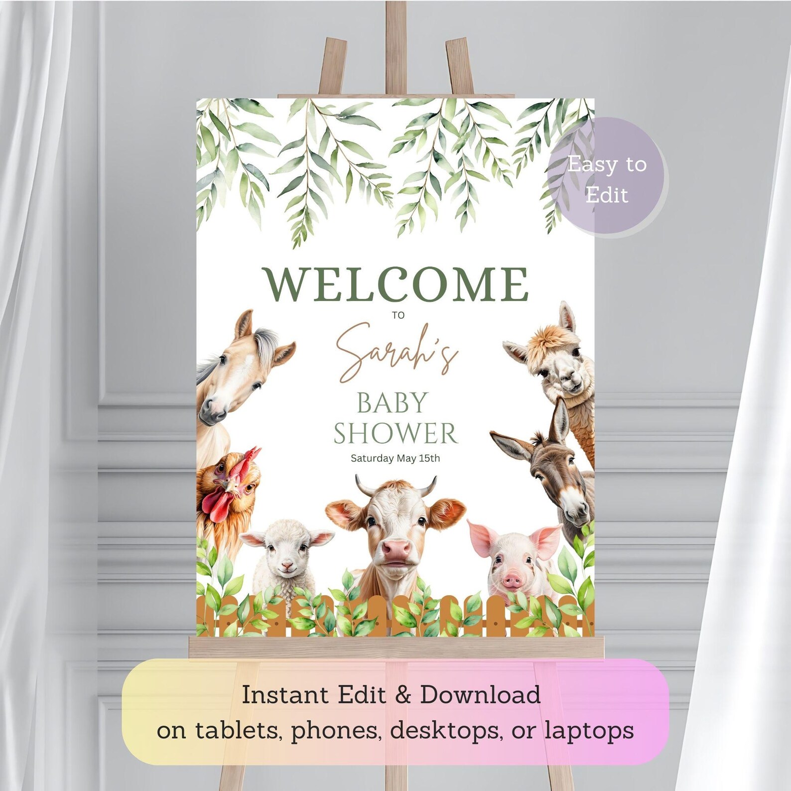 Baby Shower Welcome Sign Farm Animal Greenery Baby Shower Poster ...