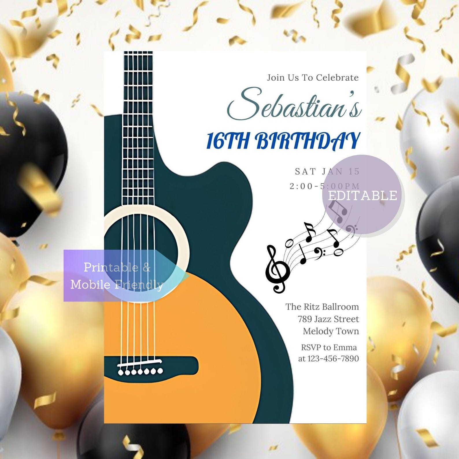Guitar Birthday Party Invitation Template - Editable Music Instruments ...