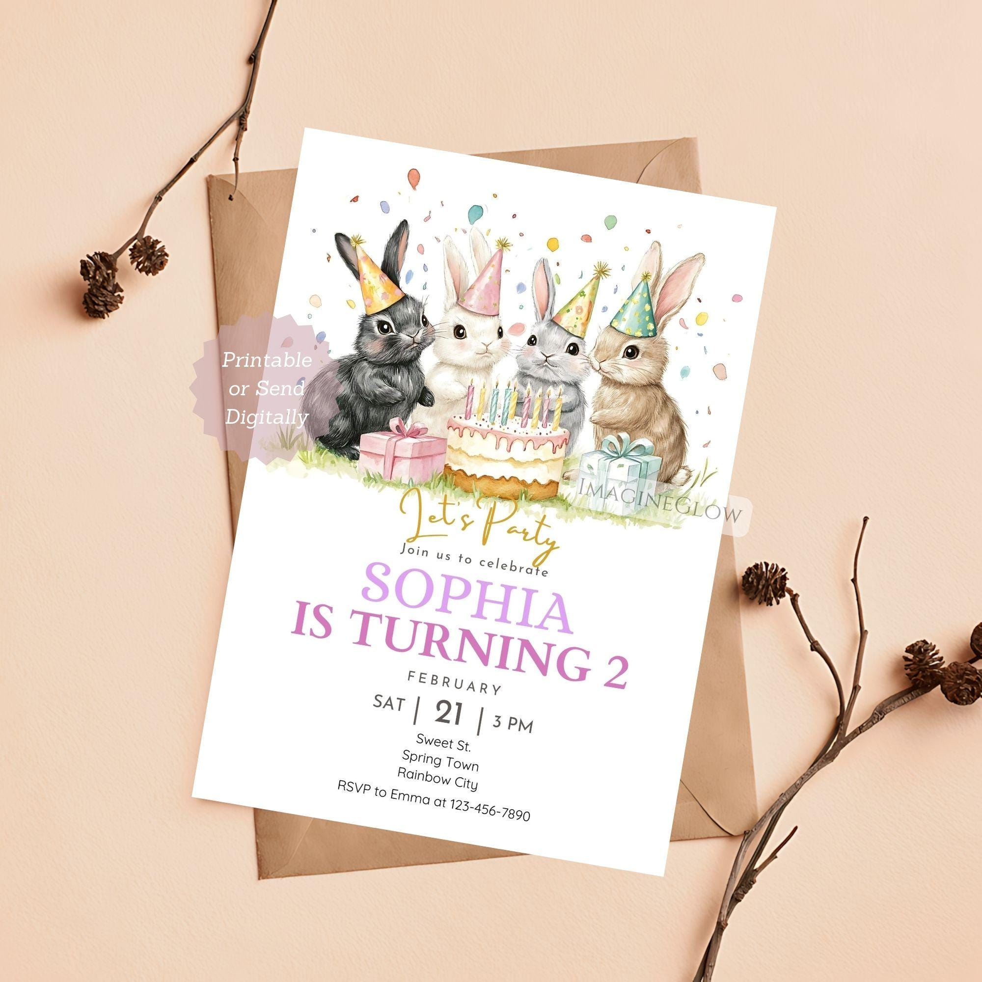 Bunny Birthday Invitation Cute Rabbit Party Invite Spring Easter Theme ...