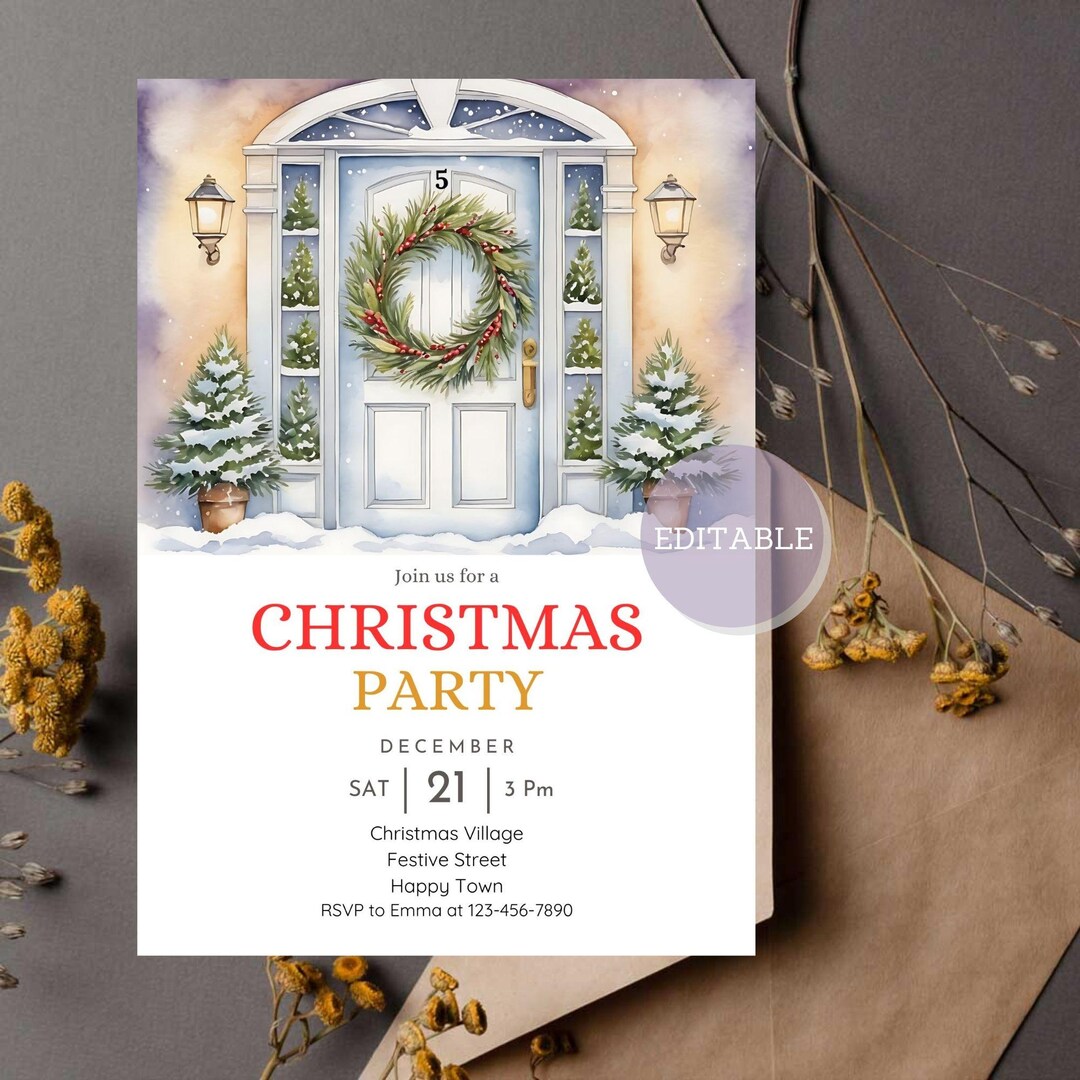 Snowy Wreath Christmas Party Invitation, Winter Holiday (digital ...