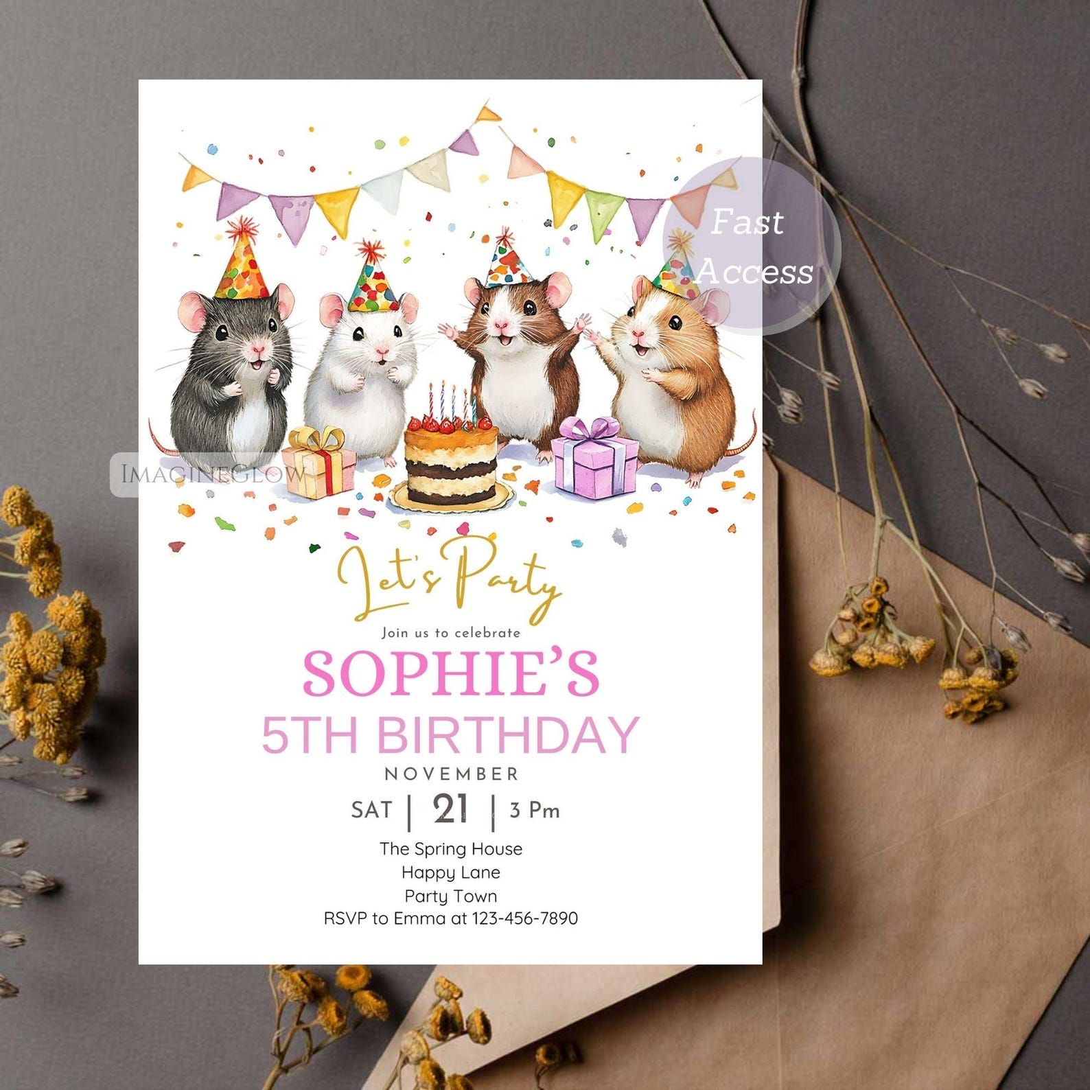 Hamster Birthday Invitation Four Hamsters Party Invite Cute Pet ...