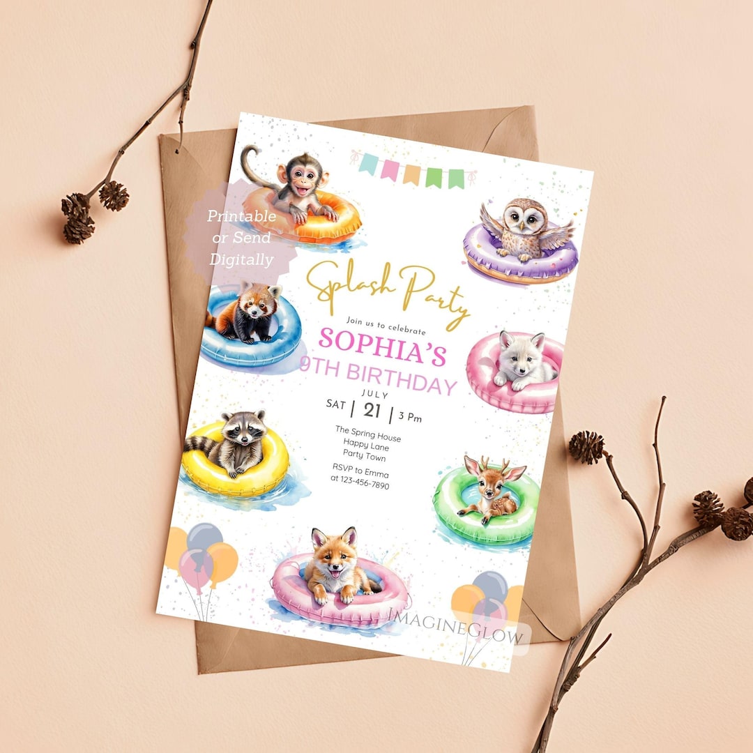 Woodland Animal Pool Party Invitation: Editable Kids Birthday Invite ...