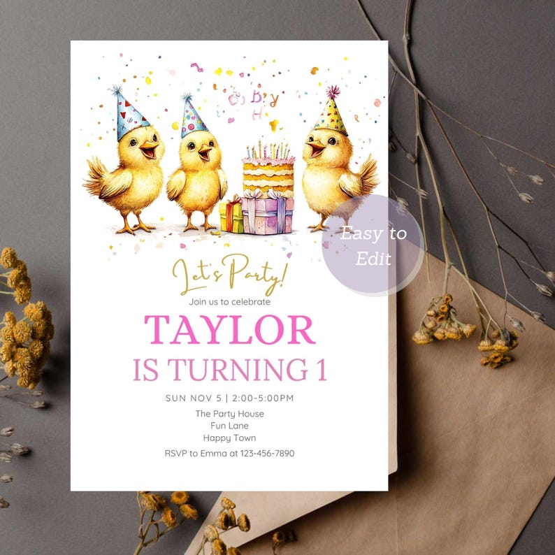 Chick Birthday Invitation Farm Animal Party Invite Baby Chick Birthday ...