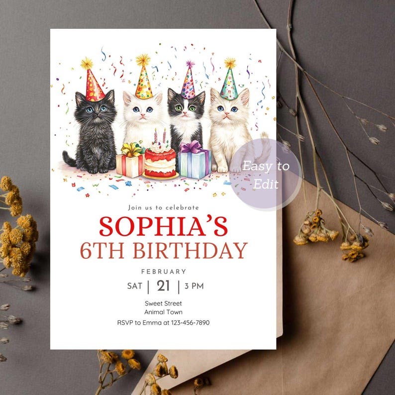 Cat Birthday Invitation Cute Kitten Theme Birthday Invite Editable ...