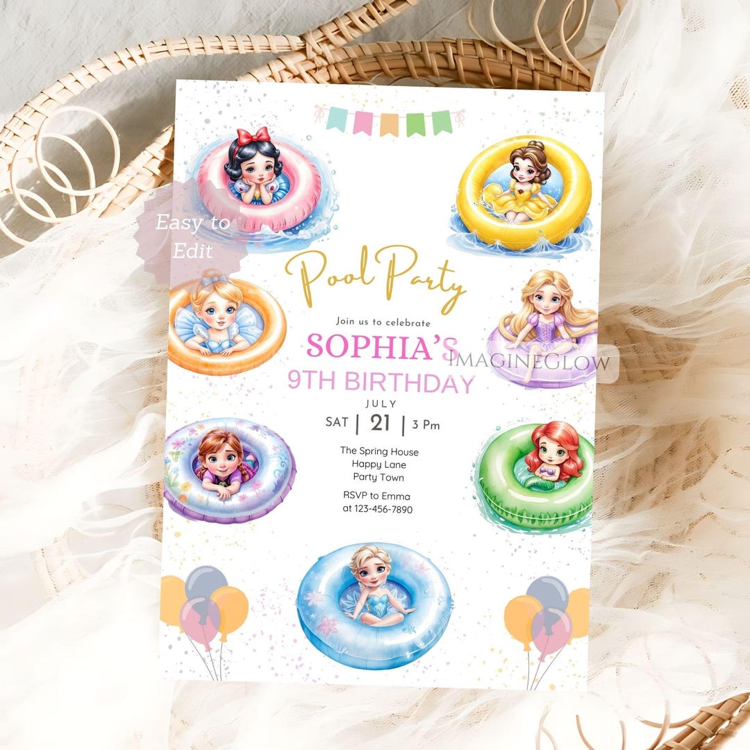 Princess Pool Party Invitation: Elsa, Anna, and Friends (digital ...