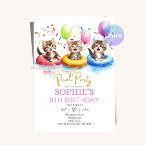 Kitten Pool Party Birthday Invitation: Editable Summer Invite (digital ...