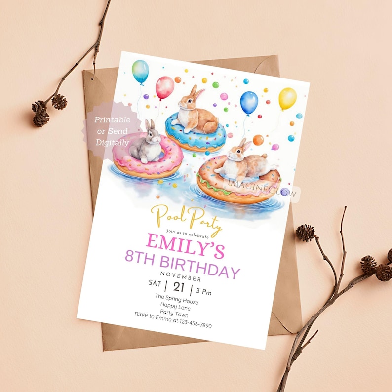 Bunny Pool Party Invitation: Summer Birthday, Editable Template ...