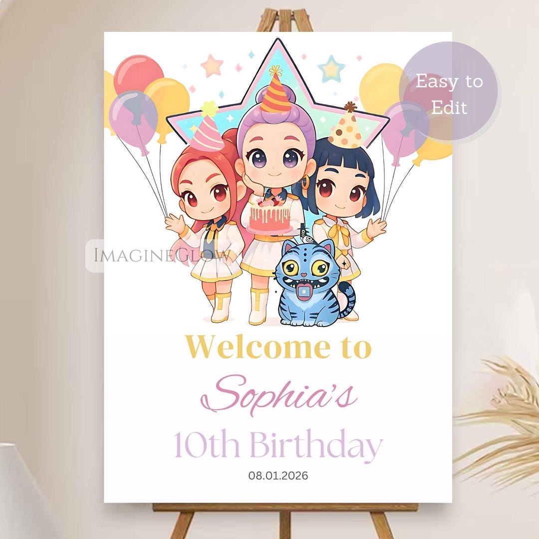 KPOP Birthday Welcome Sign Editable HUNTRIX Anime Party Poster ...