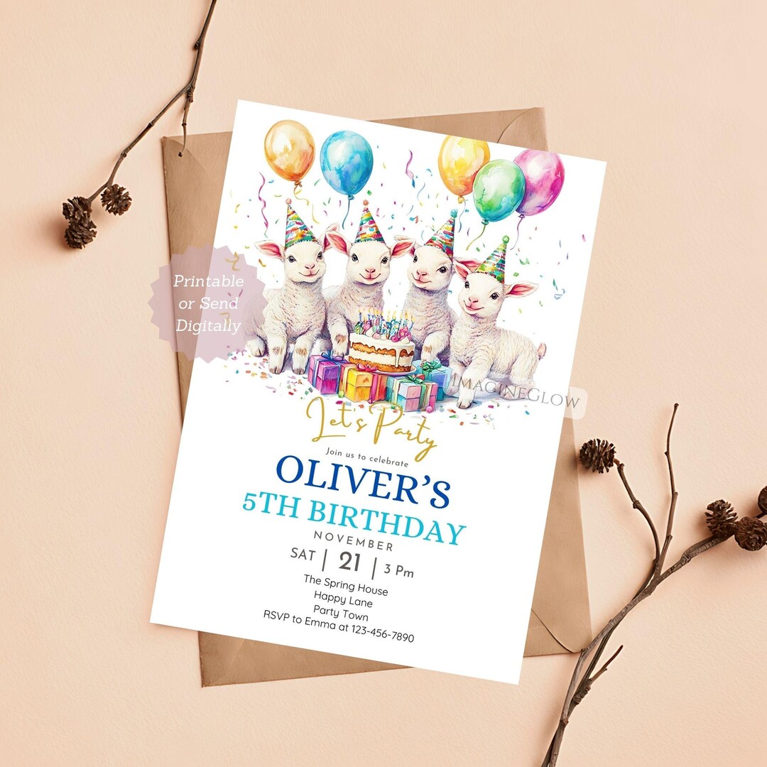 Lamb Birthday Invitation Template Cute Farm Animal Party Invite Country ...