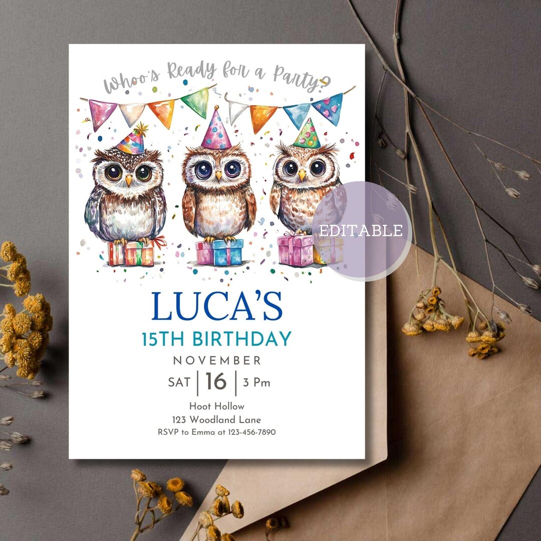 Owls Birthday Invitation Template: Editable Canva Design (digital ...