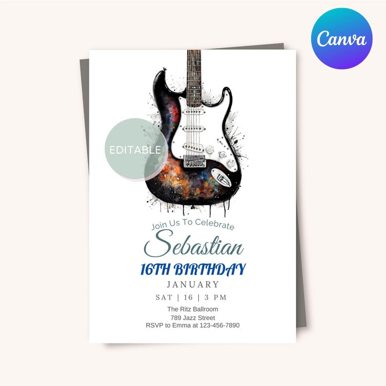 Electric Guitar Birthday Invitation: Music Theme, Editable Template ...