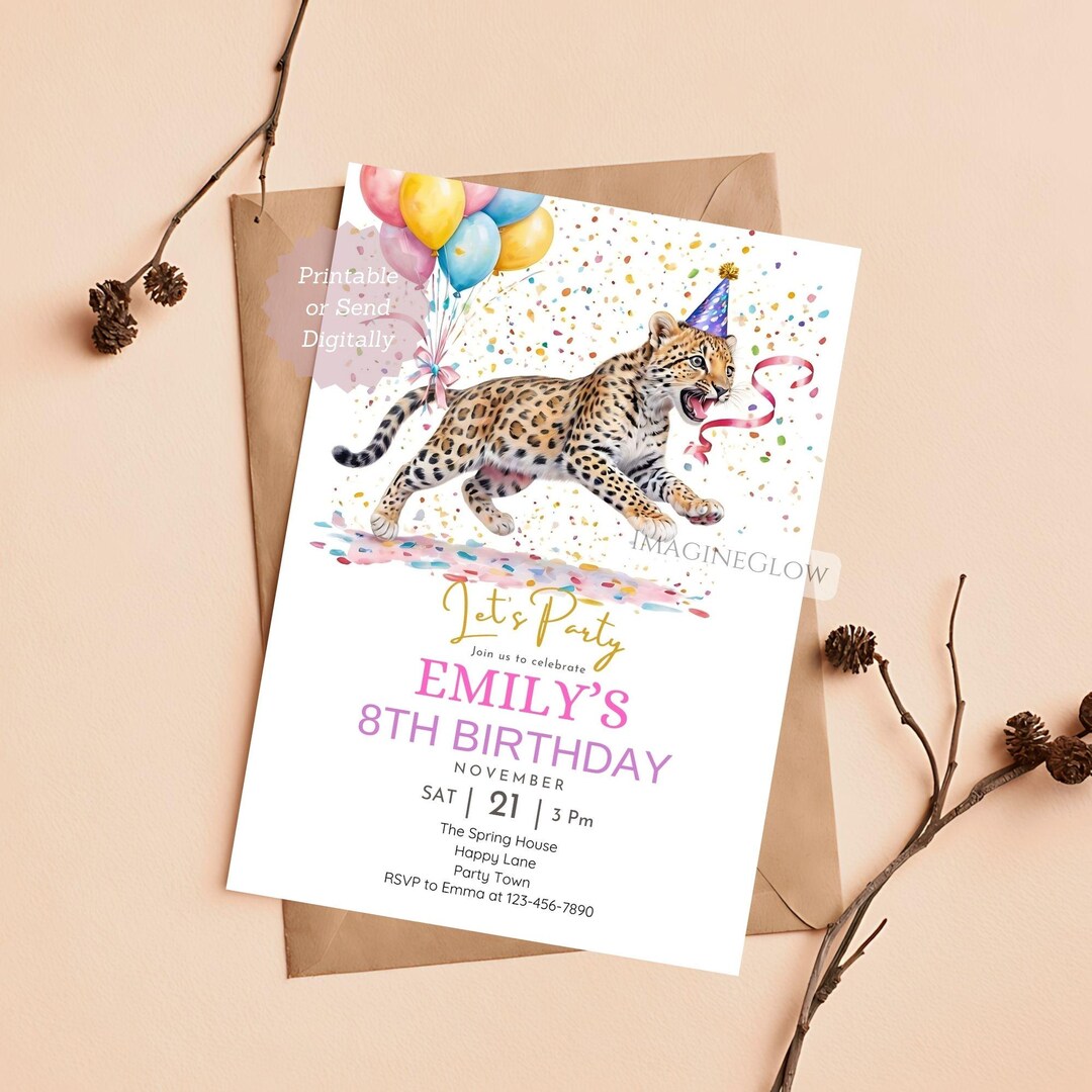 Cheetah Leopard Birthday Invitation Wild Cat Party Invite Safari Jungle ...