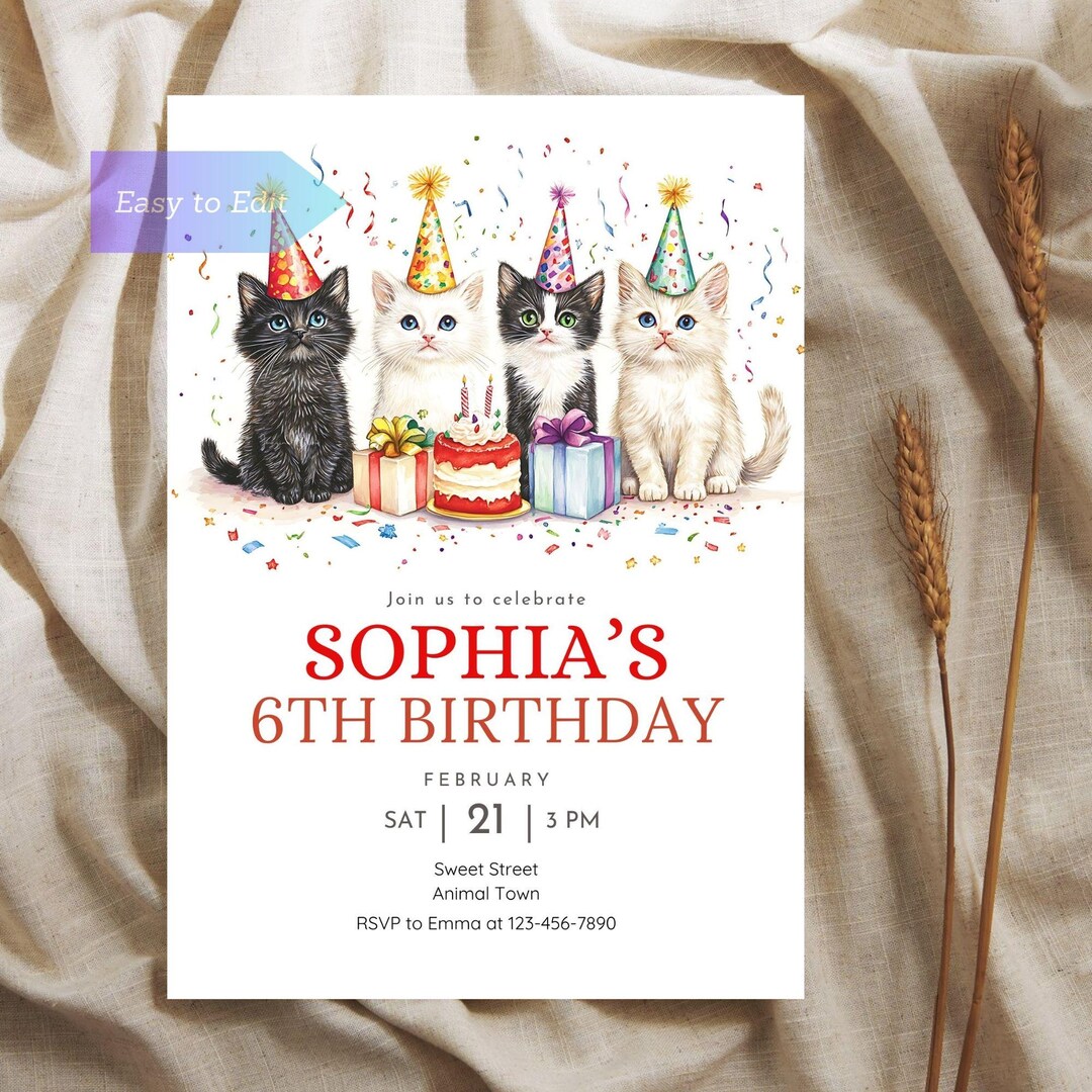 Cat Birthday Invitation Cute Kitten Theme Birthday Invite Editable ...