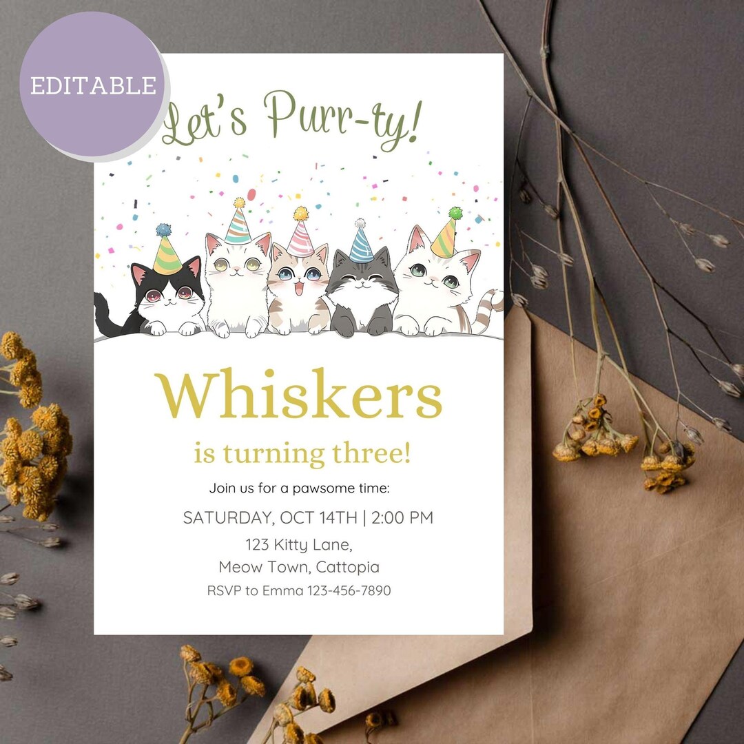 Kitten Birthday Invitation Template - Cat Theme Birthday Invite ...