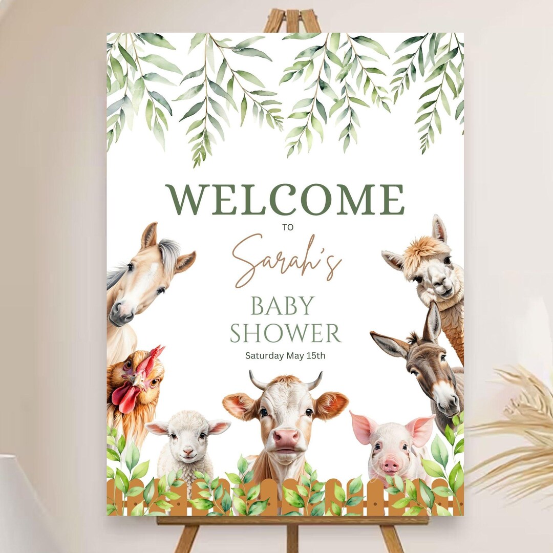 Baby Shower Welcome Sign Farm Animal Greenery Baby Shower Poster ...