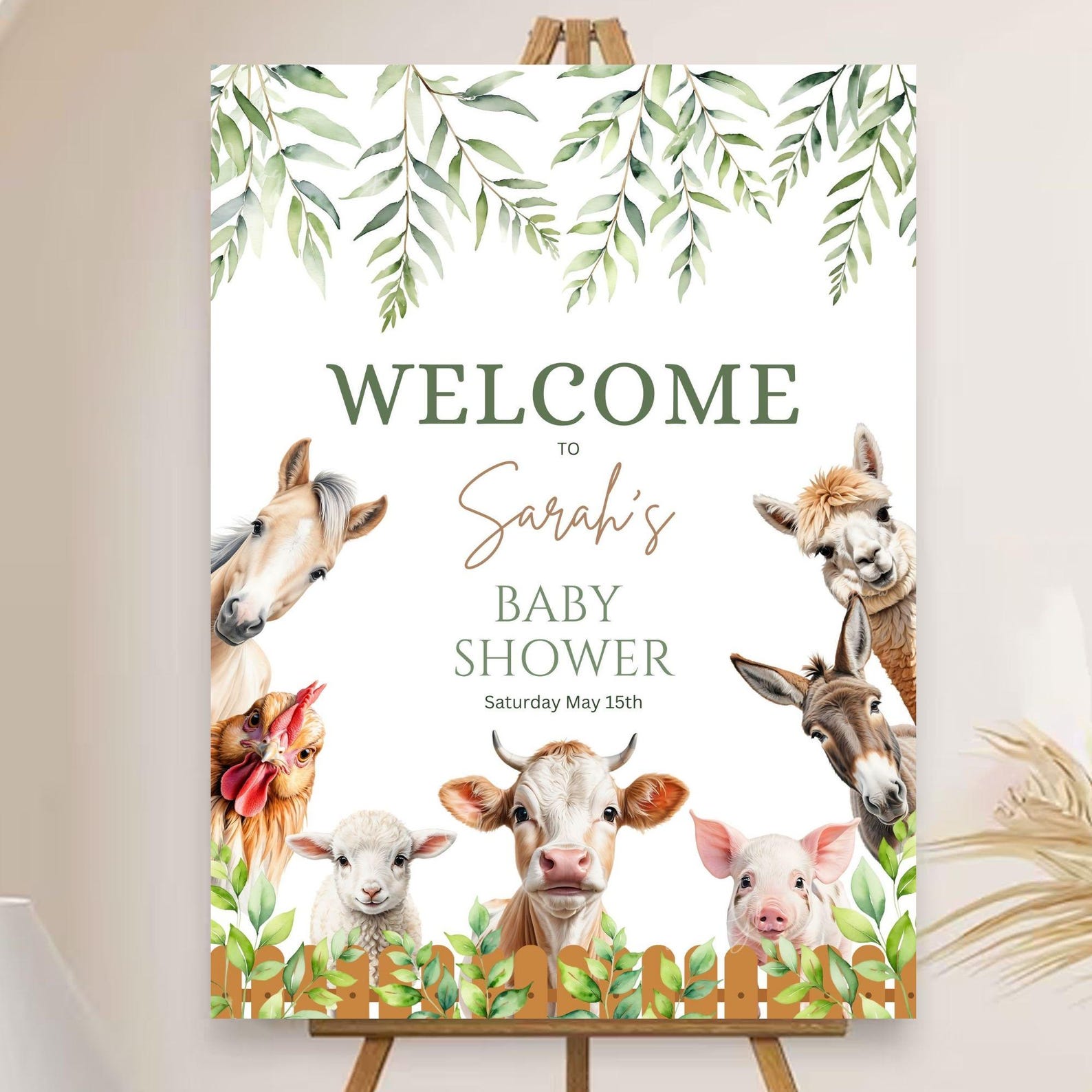 Baby Shower Welcome Sign Farm Animal Greenery Baby Shower Poster ...
